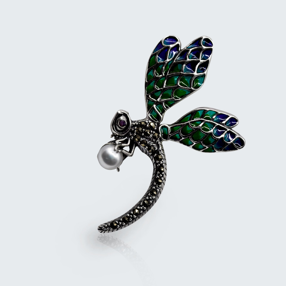 Brosa libelula albastra cu perla