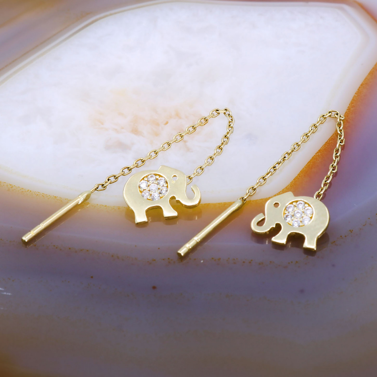 Cercei din Aur 14K 585 model Elefant cu fir Lung si Cristale Zirconia c588
