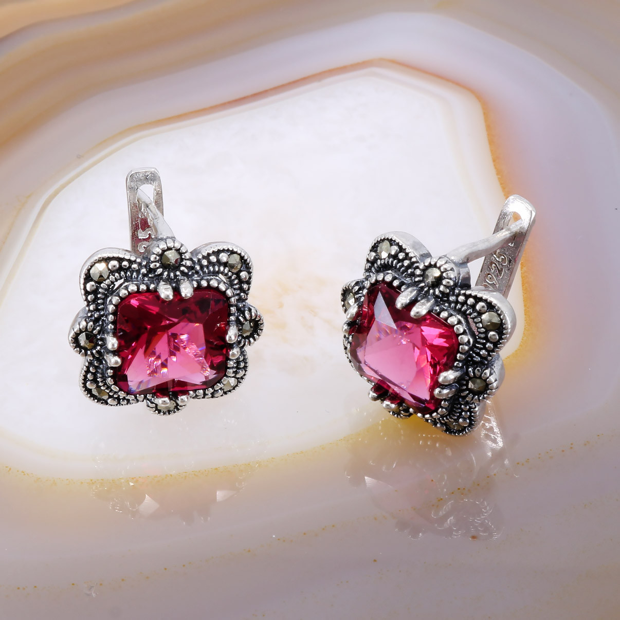 Cercei Vintage din Argint 925 cu Marcasite si Cristale Roz c3540