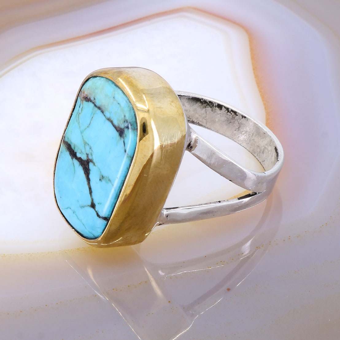 Inel din Argint cu piatra Albastra Turcoaz Partial Placat cu Aur c2835