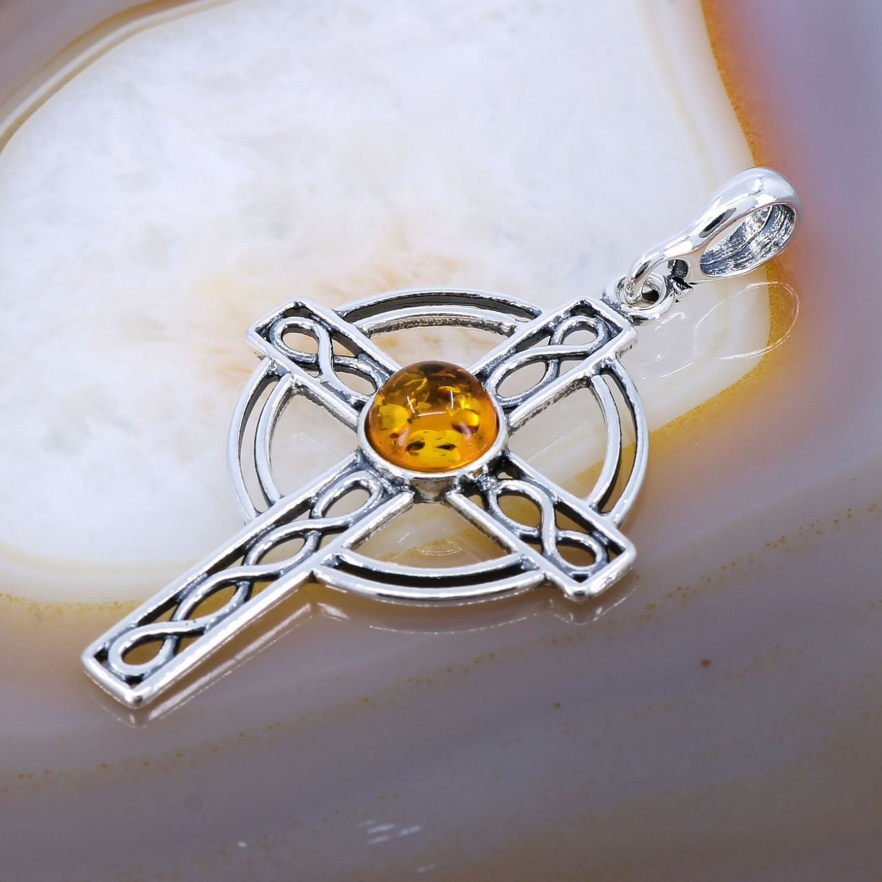 Pandantiv de Argint 925 model Cruce cu Piatra Chihlimbar culoare Verde ...