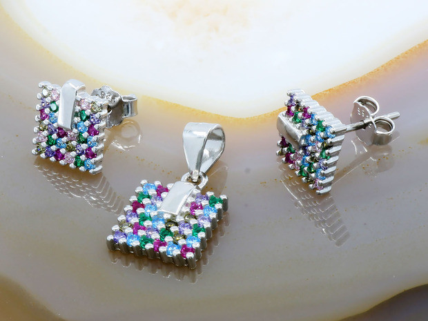 Set din Argint forma Patrata cu Cristale Colorate ags1230