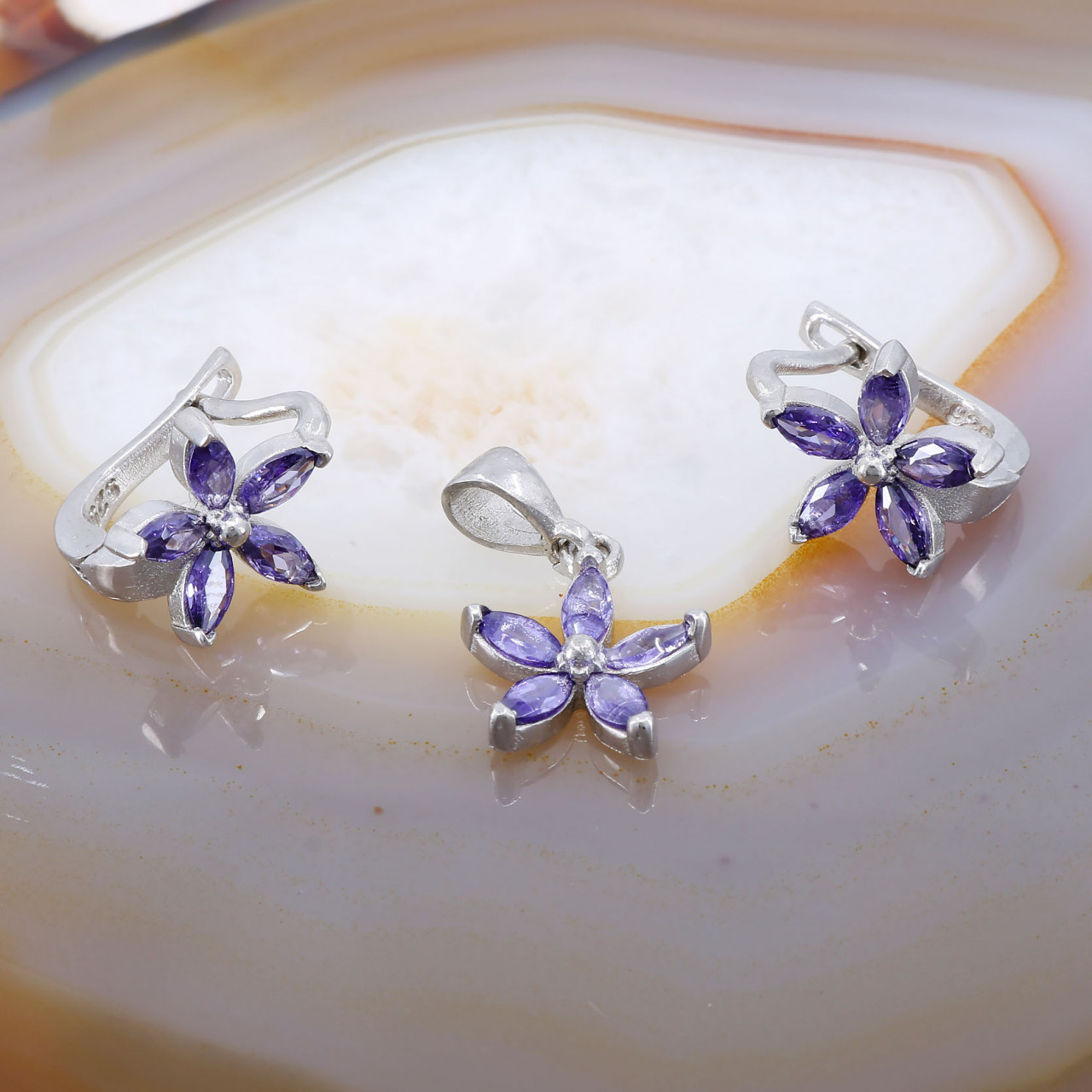 Set Floare Bijuterie din Argint 925 cu Cristale Mov cod 1477