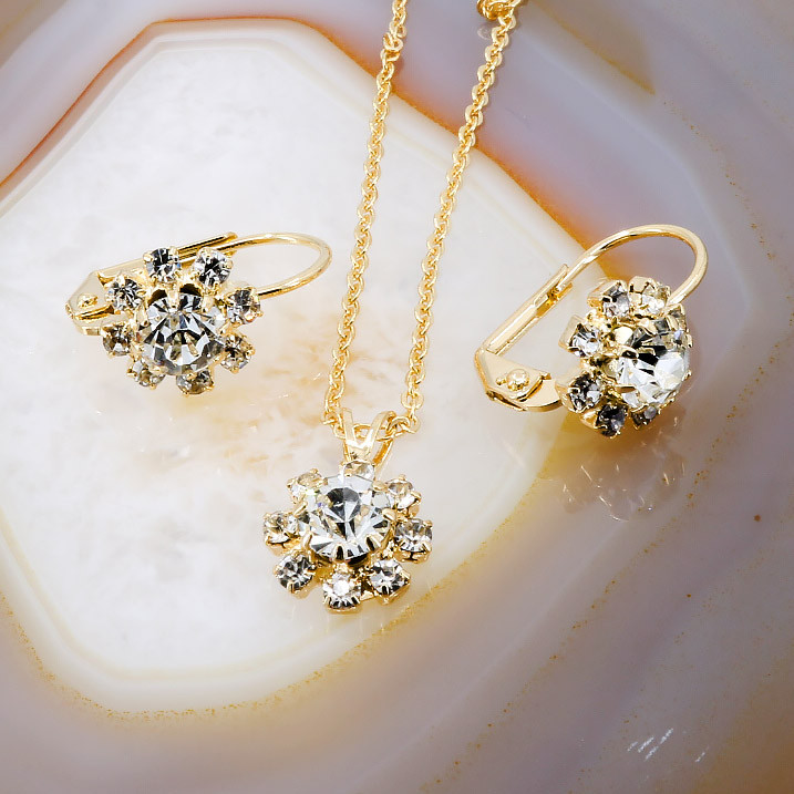 Set Placat cu Aur Galben 18K model forma Floare cu Cristale Zirconia ...