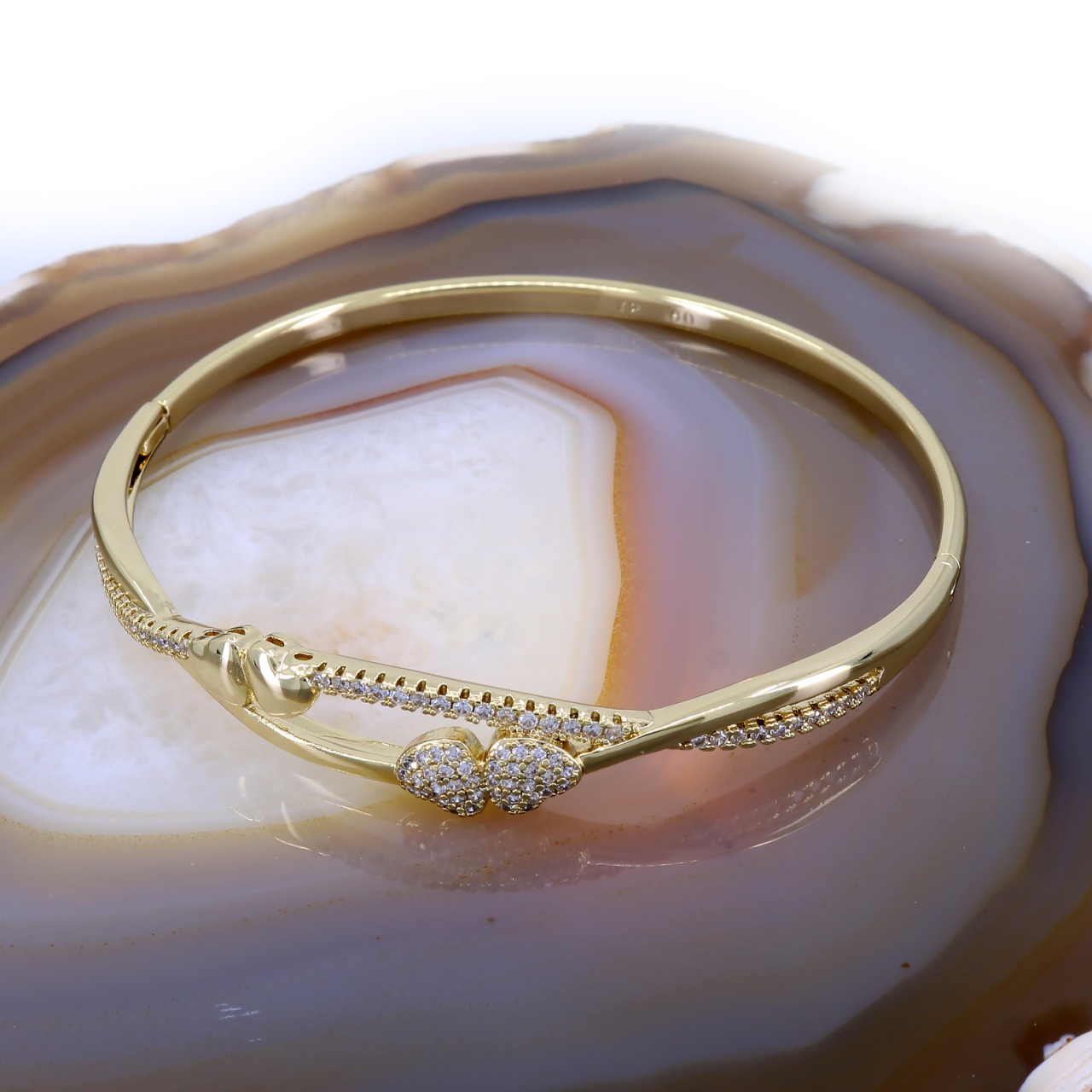 Bratara Bangle Fixa Placata cu Aur Galben cu Cristale si model Inimi c1619