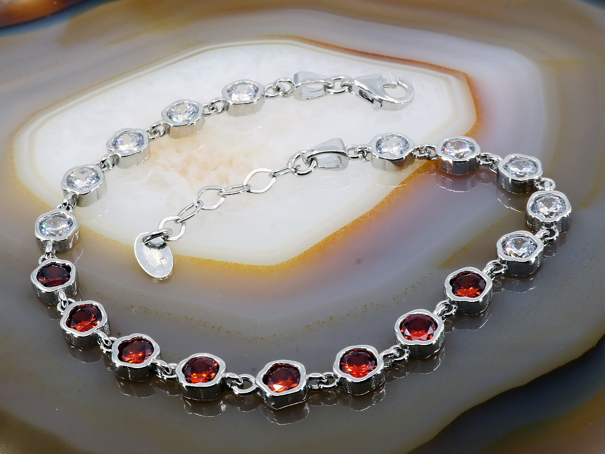 Bratara de Argint model Floral cu Cristale Rosii si Albe Clare Zirconia ...