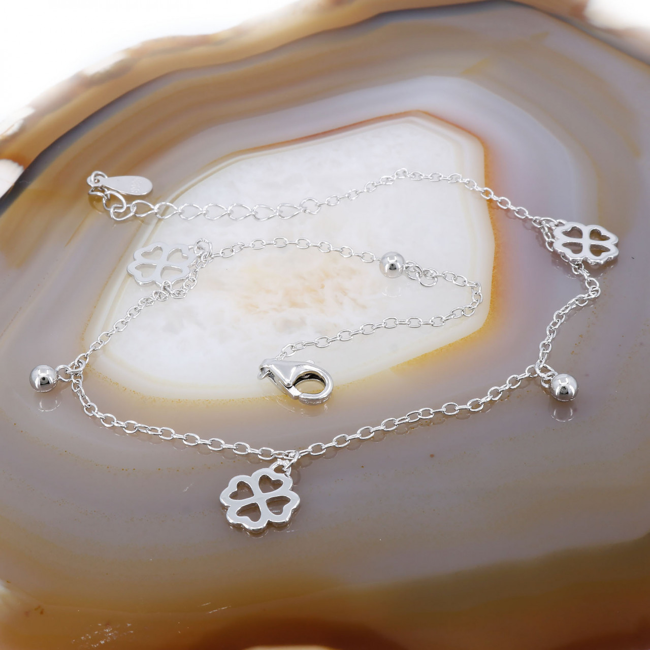 Bratara de Glezna, Picior din Argint 925 cu Pandantive Trifoi si Bilute cod 2361