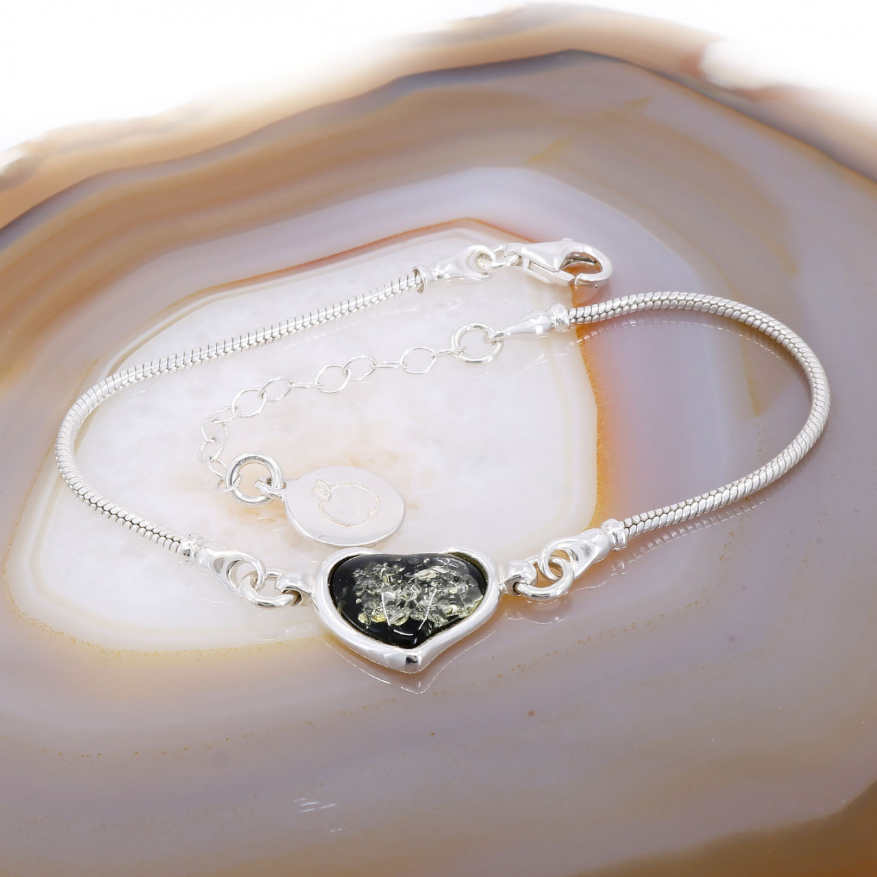 Bratara din Argint 925 cu Piatra Chihlimbar Verde in forma de Inima c2459