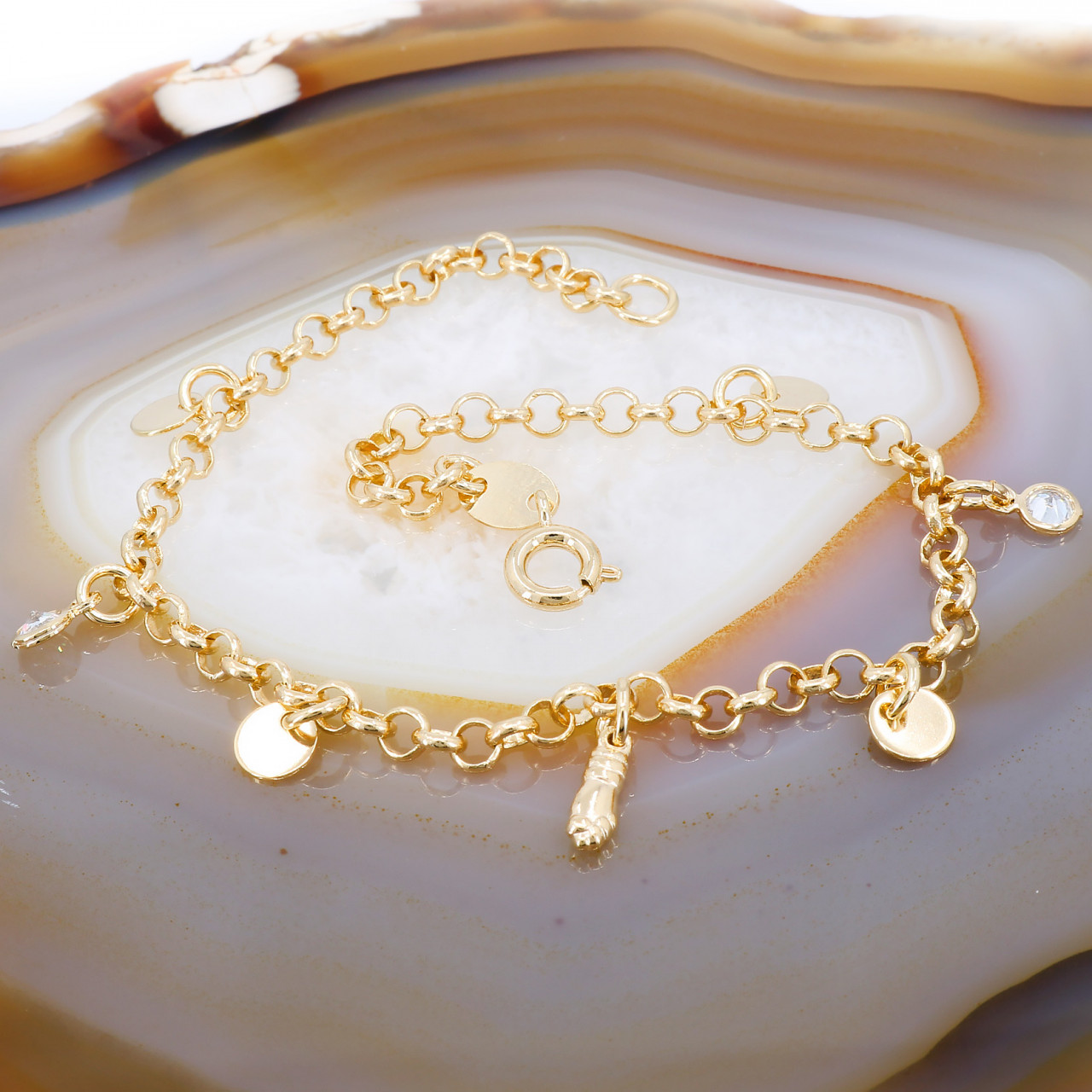 Bratara Placata cu Aur Galben 18K model cu pandantive rotunde banut si ...