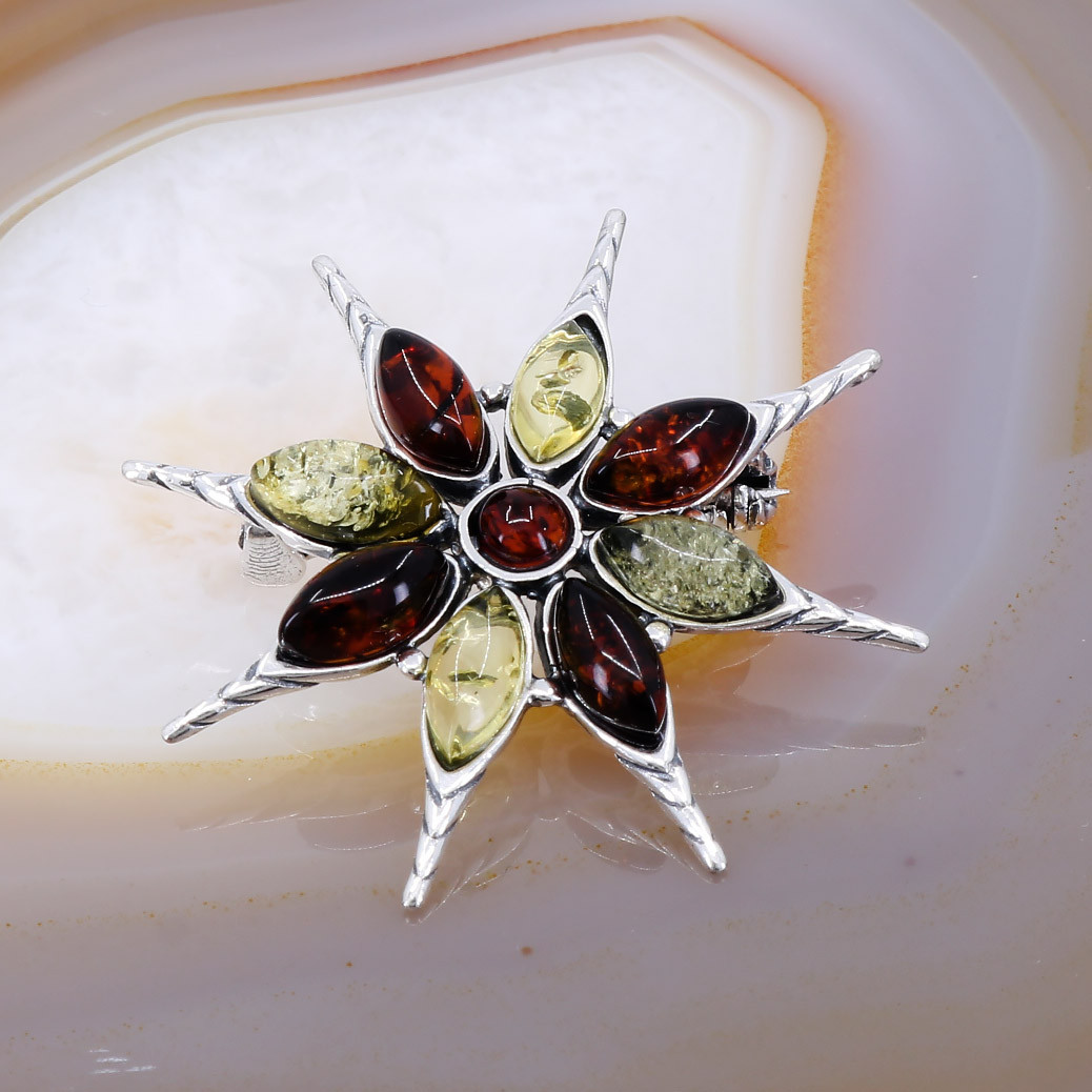 Brosa din Argint 925 model Stea de Mare cu Pietre Chihlimbar c385