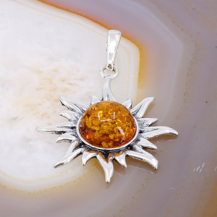 Pandantiv model Soare din Argint 925 cu Piatra Chihlimbar Galben c1129