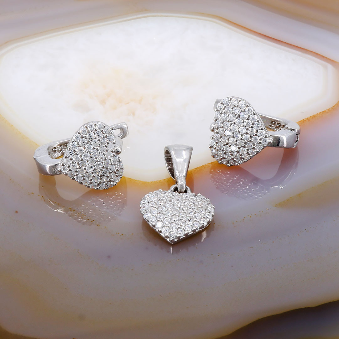 Set Bijuterie din Argint 925 model Inima cu Cristale Zirconia Albe Clare cod 1478
