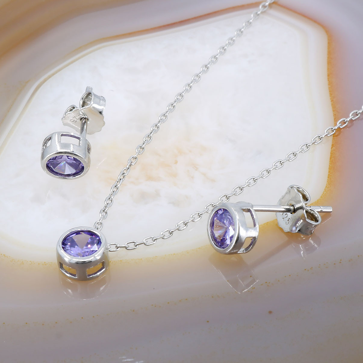 Set cu Lantisor model Rotund din Argint 925 cu Cristale Zirconia Mov cod 1441