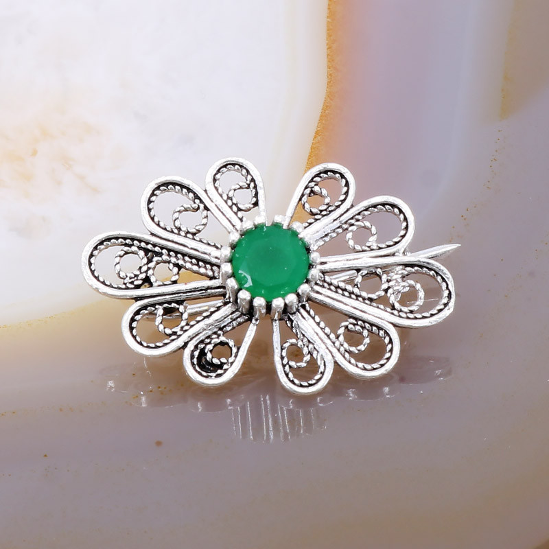 Brosa Dantela Filigran din Argint 925 cu piatra Verde c357