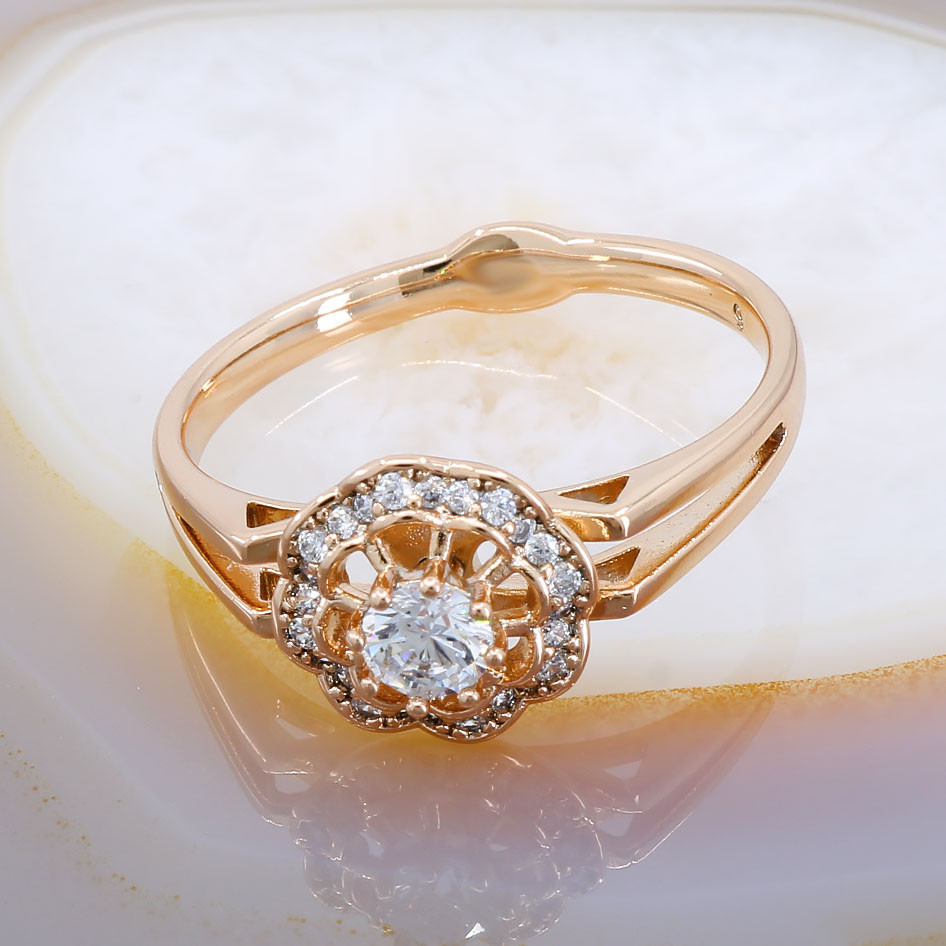 Inel Placat cu Aur Rose forma Floare cu Cristale Zirconia cod 1519