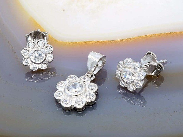 Set de Argint model Rotund cu Cristale Albe Clare ags1187