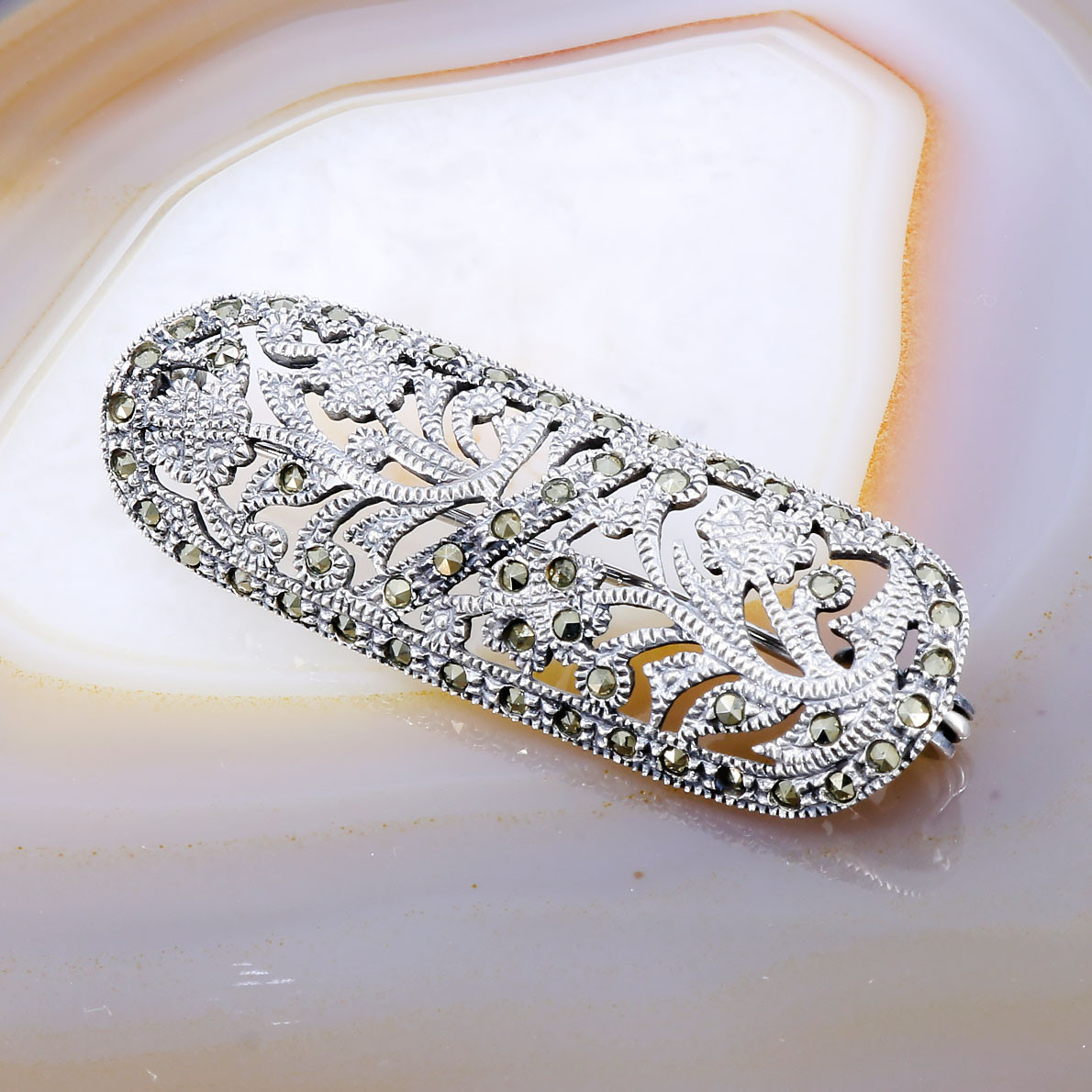 Brosa din Argint 925 Antichizat model Floral cu Pietre Marcasite cod 289