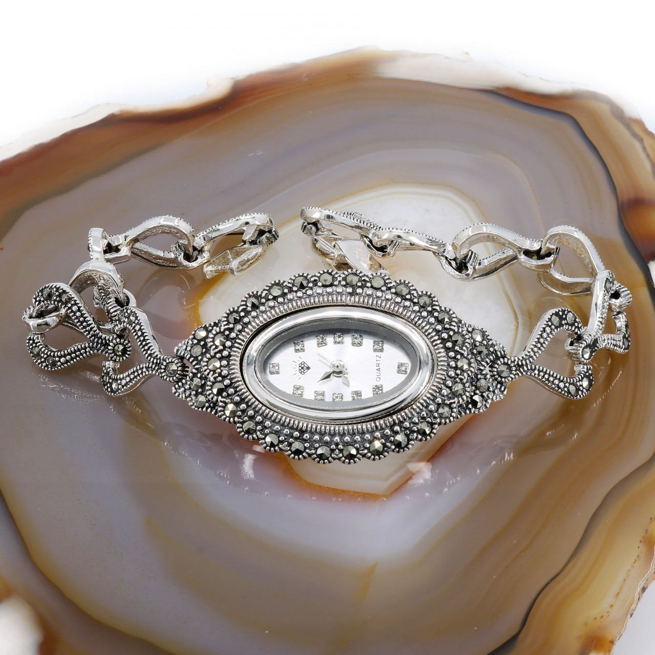 Ceas model Vintage Din Argint 925 presarat cu Pietre Marcasite cod 34