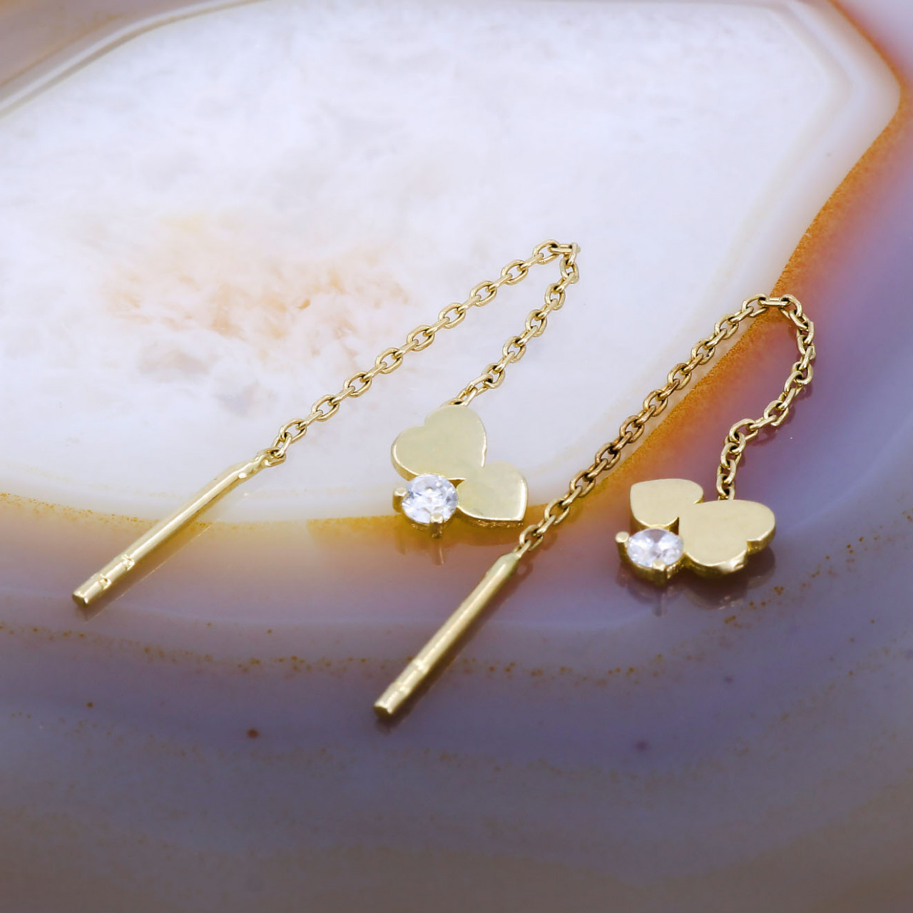 Cercei din Aur 14K 585 model Inimi Unite cu fir Lung si Cristale ...