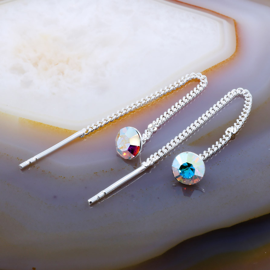 Cercei Lungi de Argint 925 cu Lantisor si Cristal Zirconia Reflexii Multicolore 2796