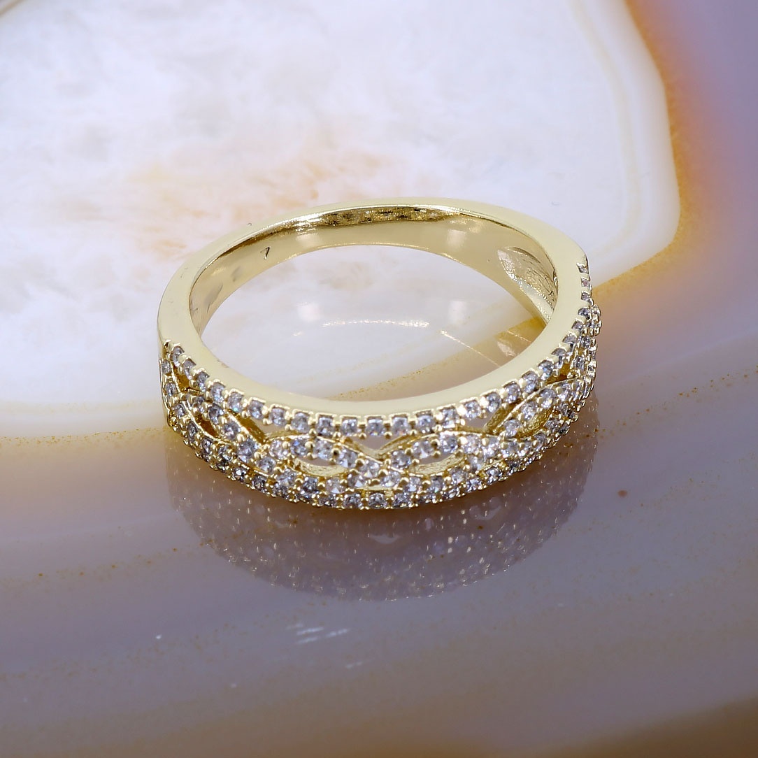 Inel Placat cu Aur Galben model impletit cu Cristale Zirconia c1565