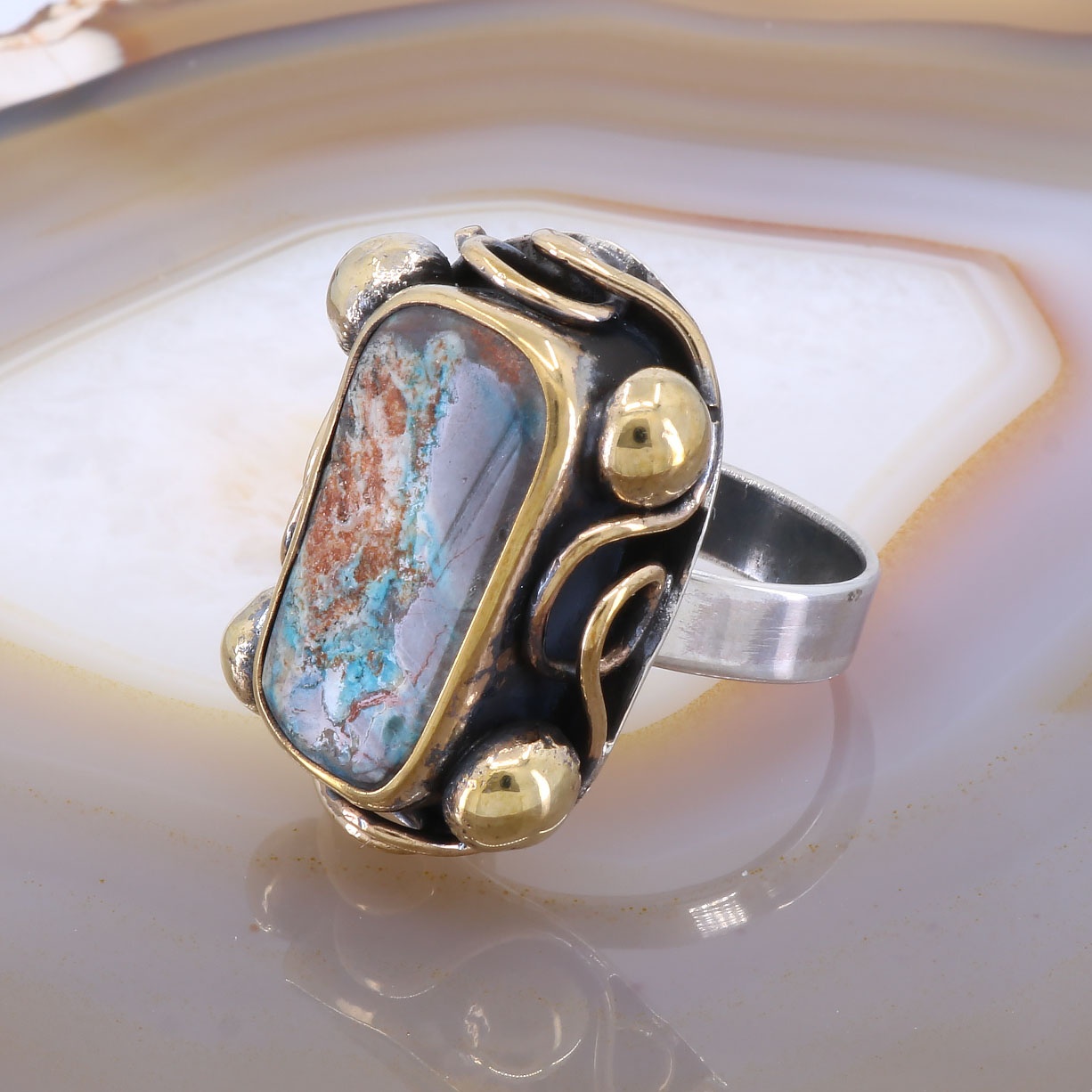 Inel Unicat Vintage cu piatra Naturala din Argint Placat cu Aur Galben ...