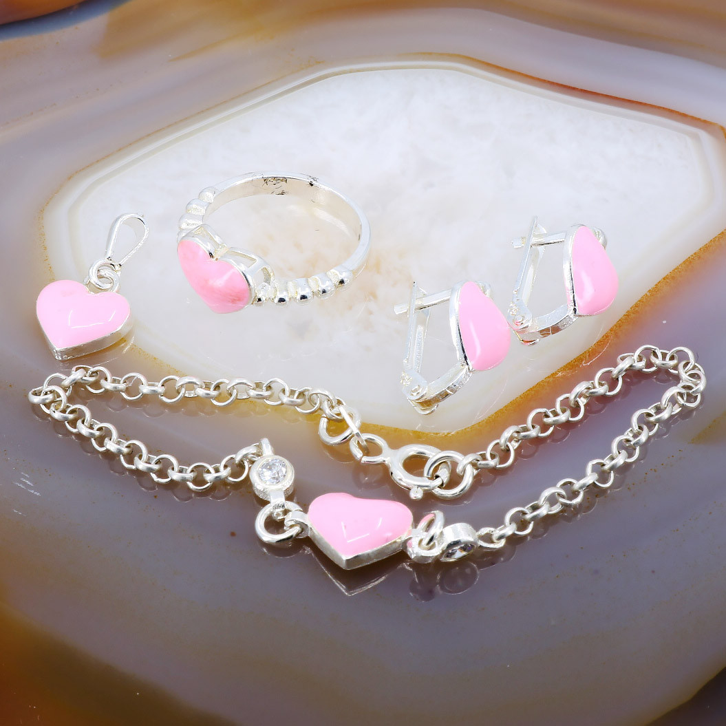 Set de Argint 925 pentru Copii cu model Inima decorata cu Email Roz 1391