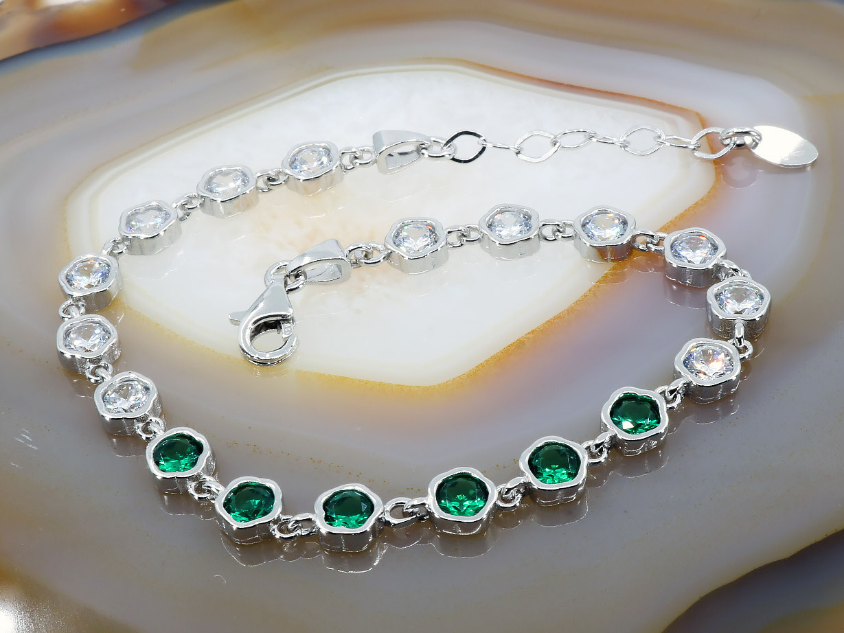 Bratara de Argint model Floral cu Cristale Verzi si Albe Clare Zirconia bag1979