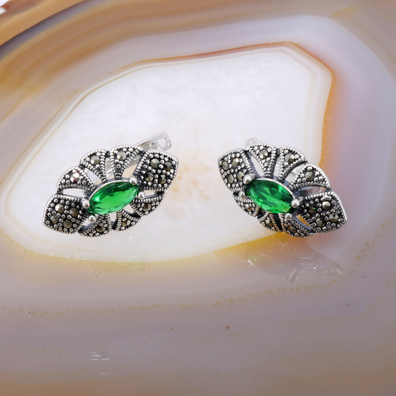 Cercei Vintage din Argint 925 cu Marcasite si Cristal Verde c3554
