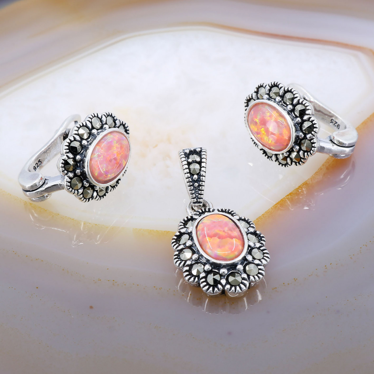 Set Bijuterie din Argint 925 cu piatra Opal si Marcasite model Vintage cod 1459