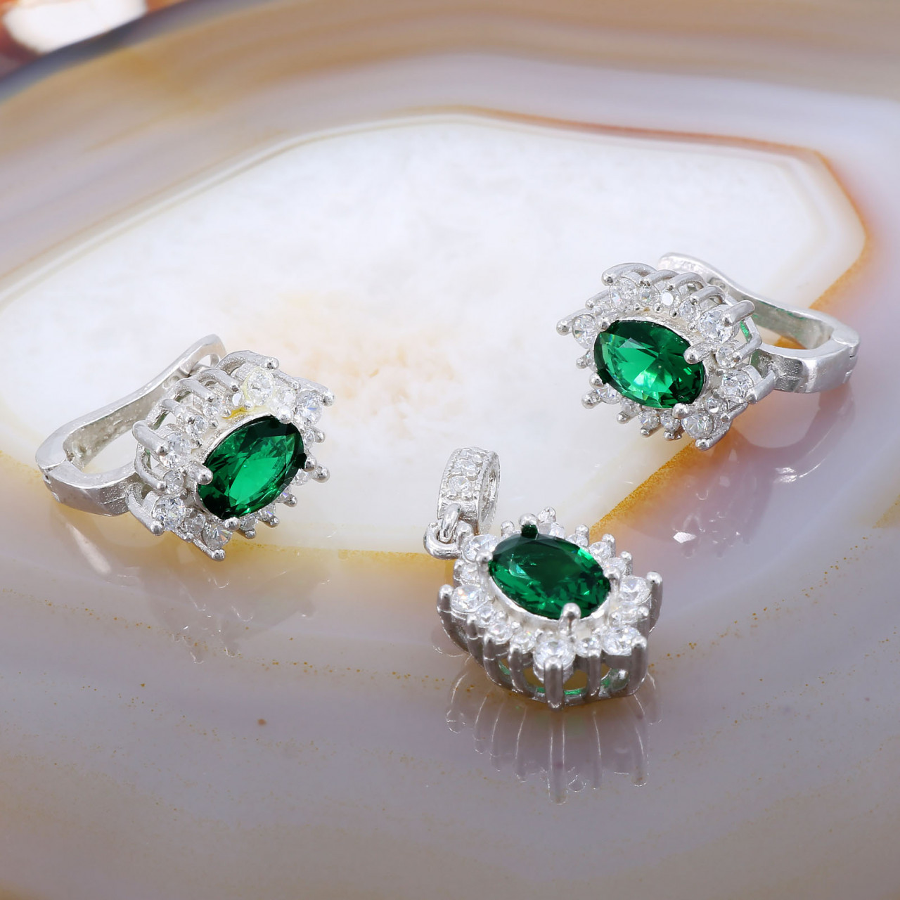 Set din Argint 925 cu Cristal Verde si Albe Clare cod 1471