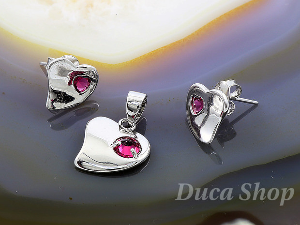 Set din Argint 925, Model Inima cu Cristal Zirconia Roz, cod 899