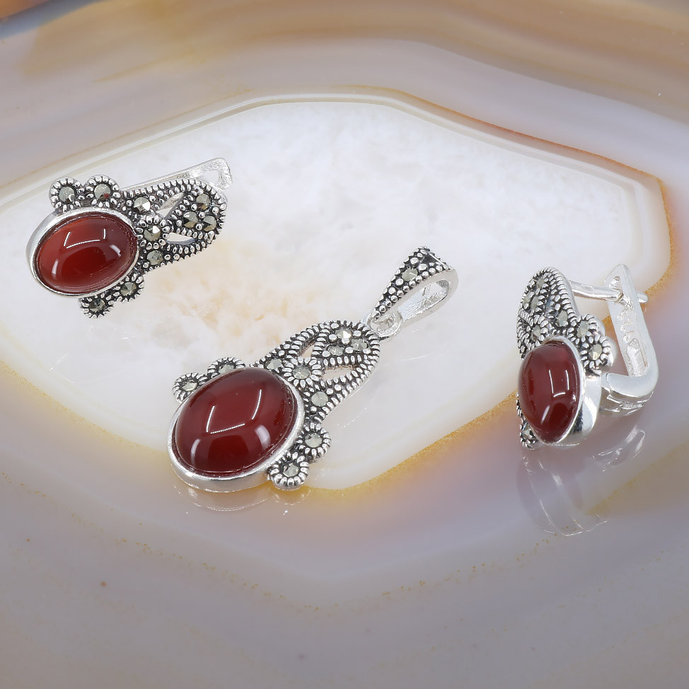 Set din Argint 925 model Vintage cu Marcasite si piatra Carneol 1382