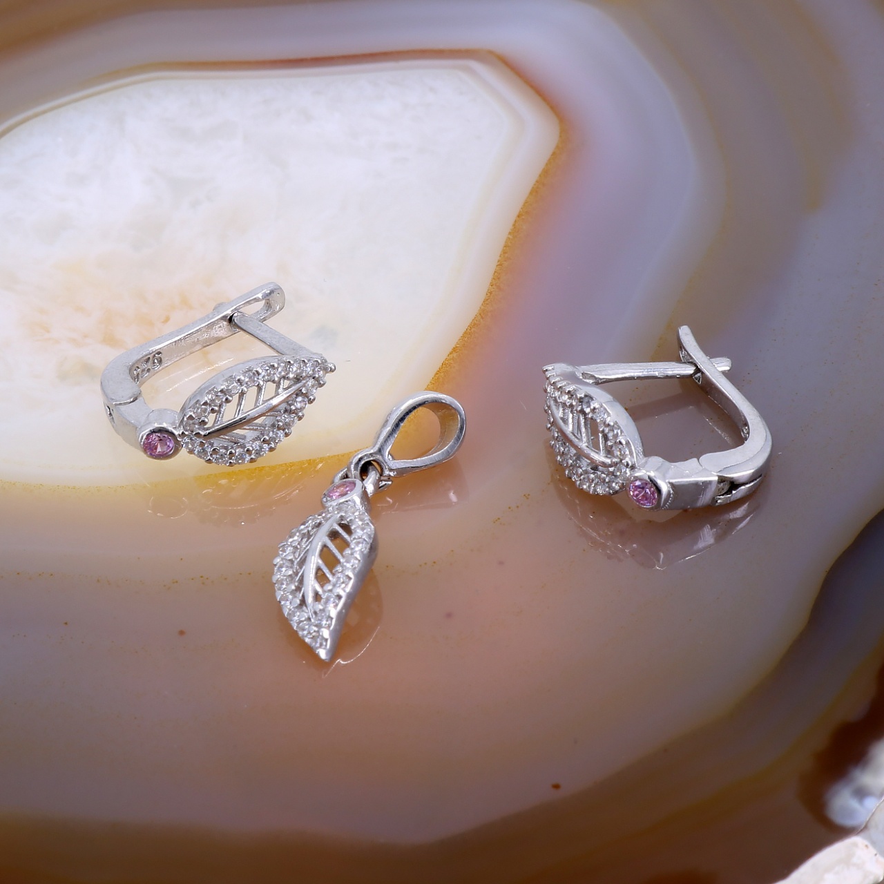 Set din Argint model Frunza cu Cristale Roz si Albe Transoarente c1641