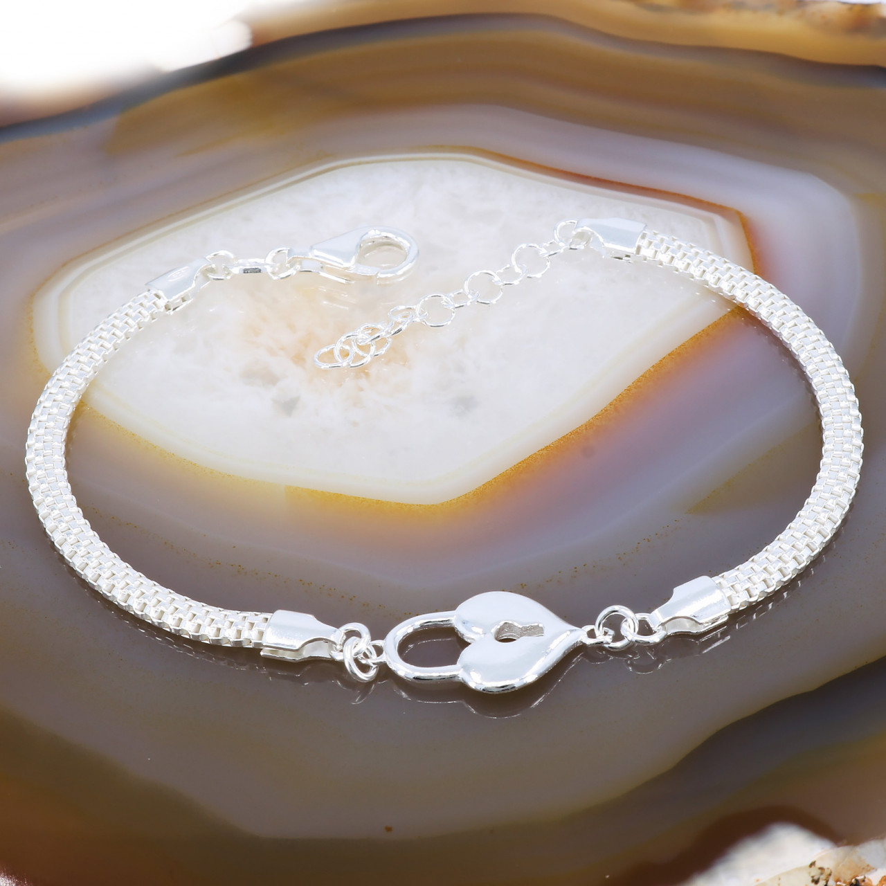 Bratara din Argint 925 model Snake cu pandantiv Lacat in forma de Inima ...