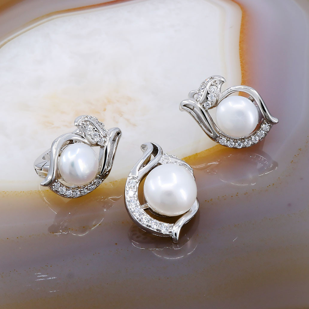 Set din Argint 925 model Floare cu perla alba mata cod 1486