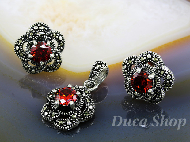 Set din Argint 925, Model Floral, cu Marcasite, cod 747