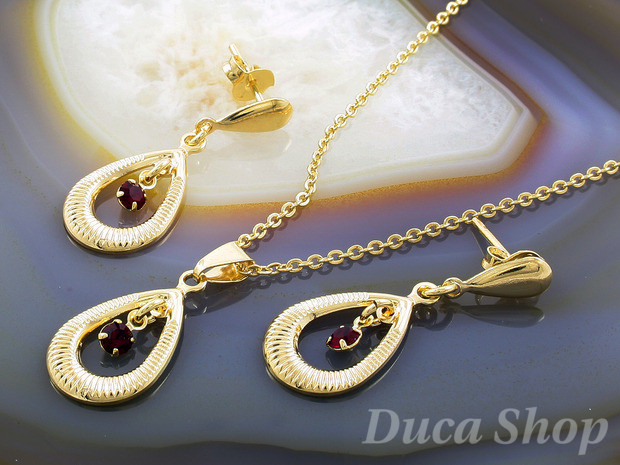 Set Placat Cu Aur 18k, cu Zirconiu Rosu, model Para, cod 178