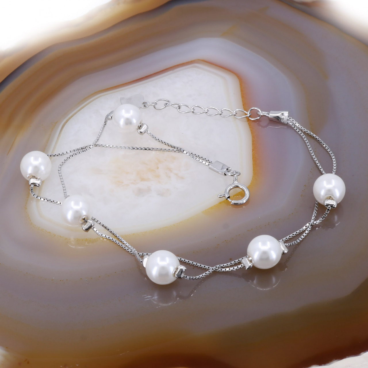Bratara din argint fir dublu cu Perle Albe Rotunde c2550