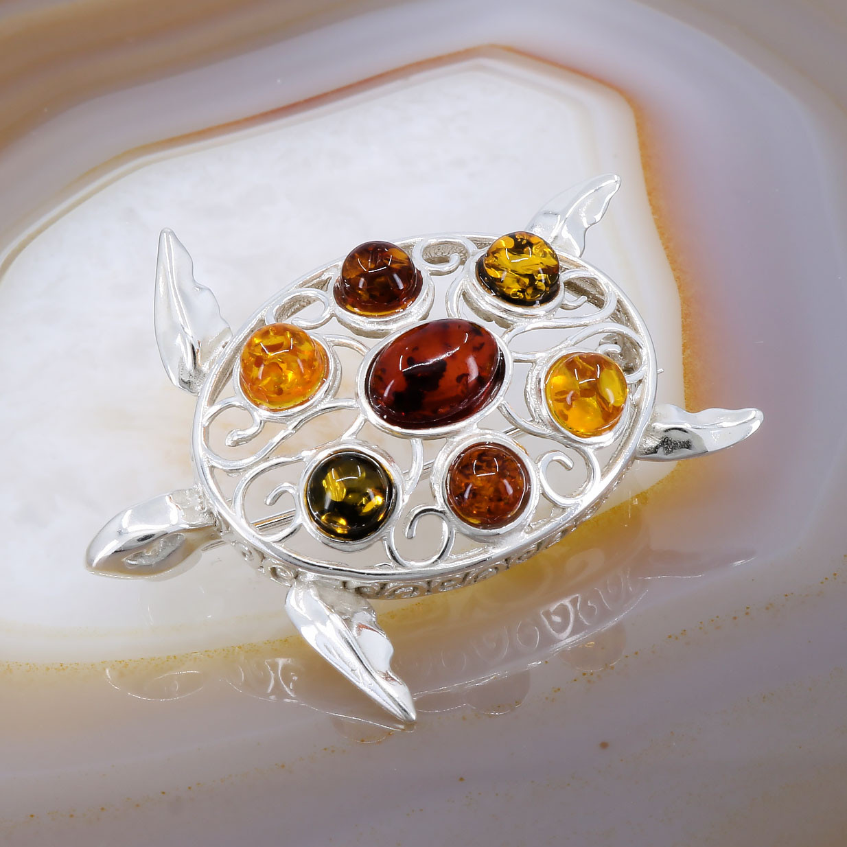 Brosa din Argint 925 model Broasca Testoasa cu Pietre Chihlimbar cod 316