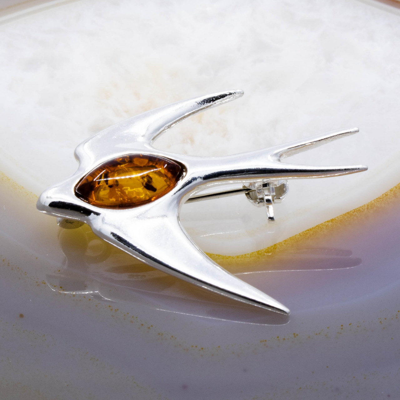 Brosa din Argint 925 model Randunica cu Chihlimbar Galben c267