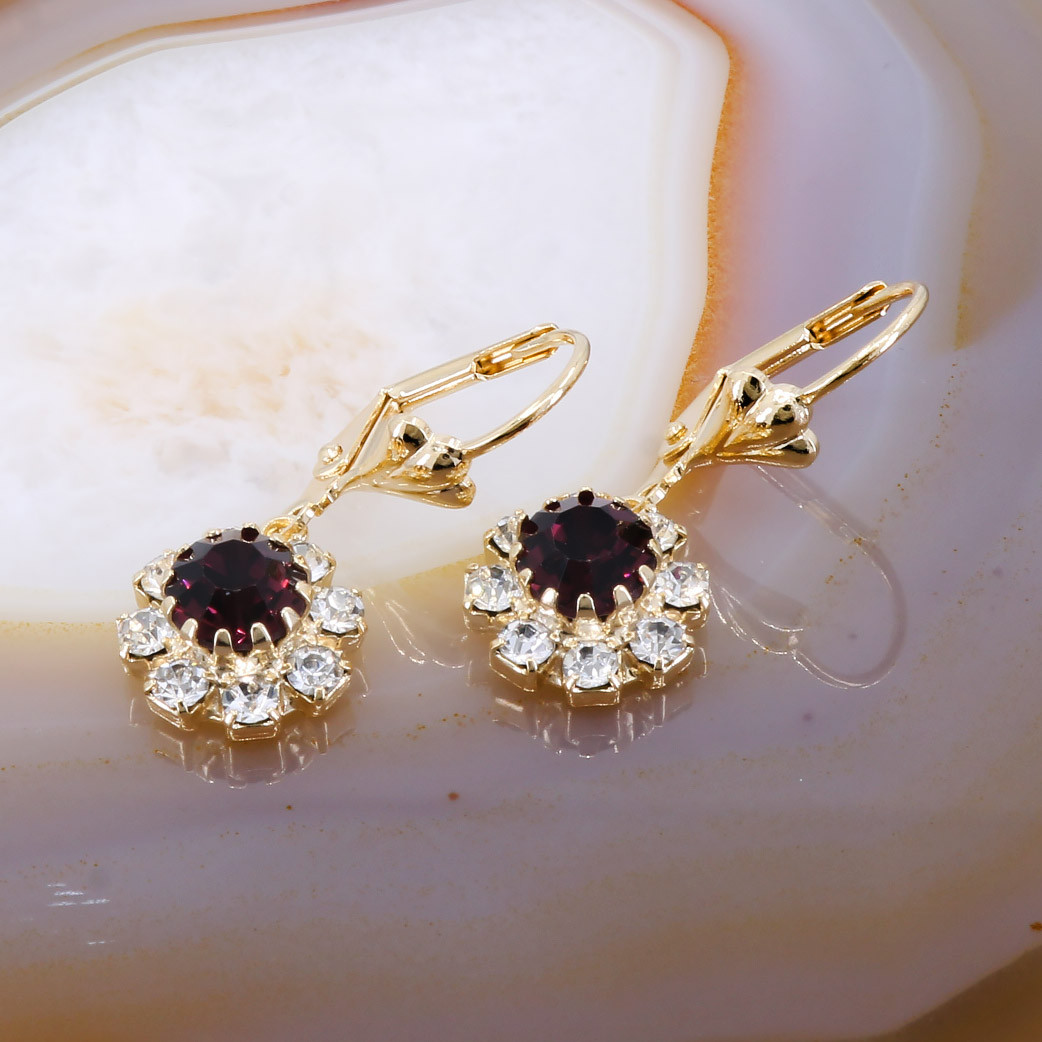 Cercei Floare Placati cu Aur 18K cu Cristale Mov c3526