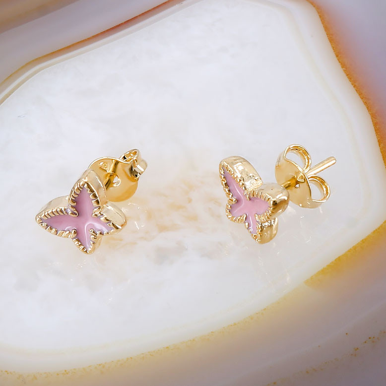 Cercei Fluture Placati cu Aur Galben si decorati cu Email Roz cod 3413