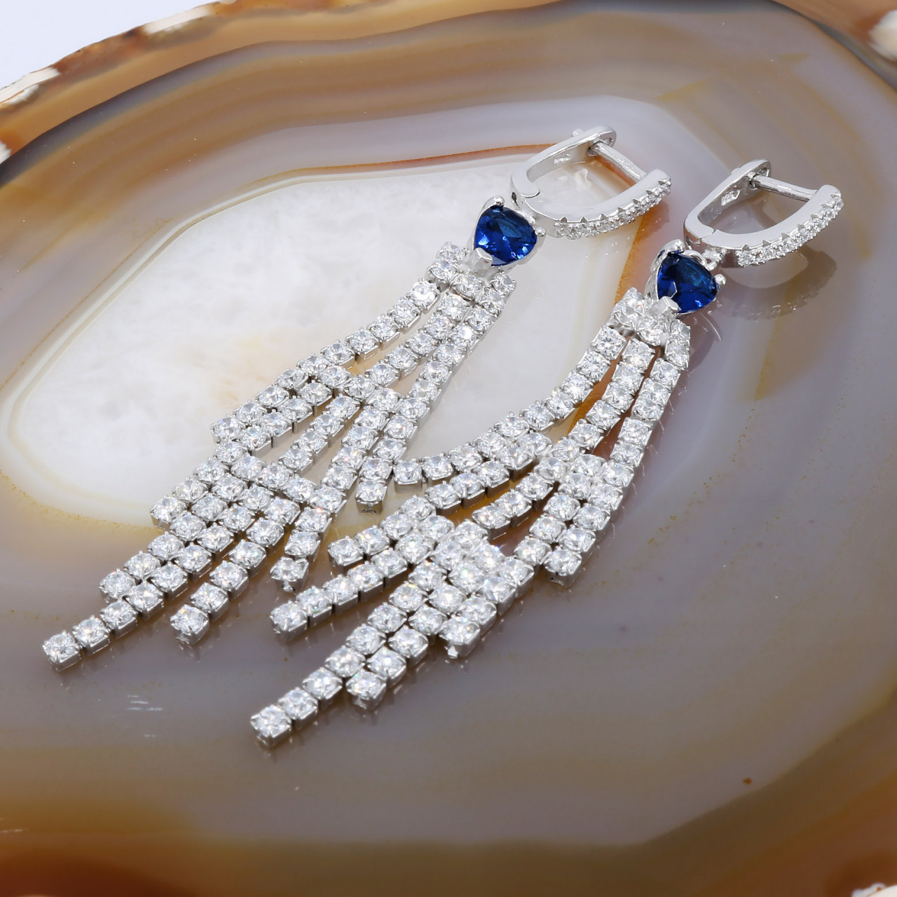 Cercei Lungi model Candelabru din Argint 925 cu Cristale Albastre si Albe Clare 2872