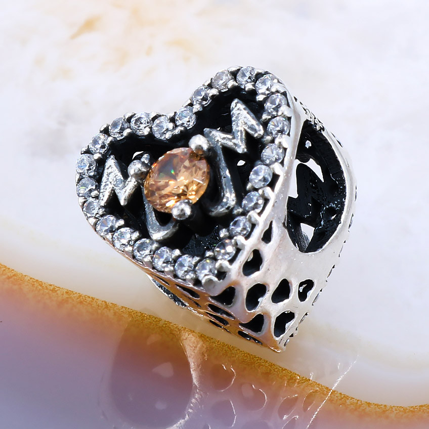 Charm de Argint 925 model Inima - MOM cu cristal Zirconia Galben si Albe Clare 1007