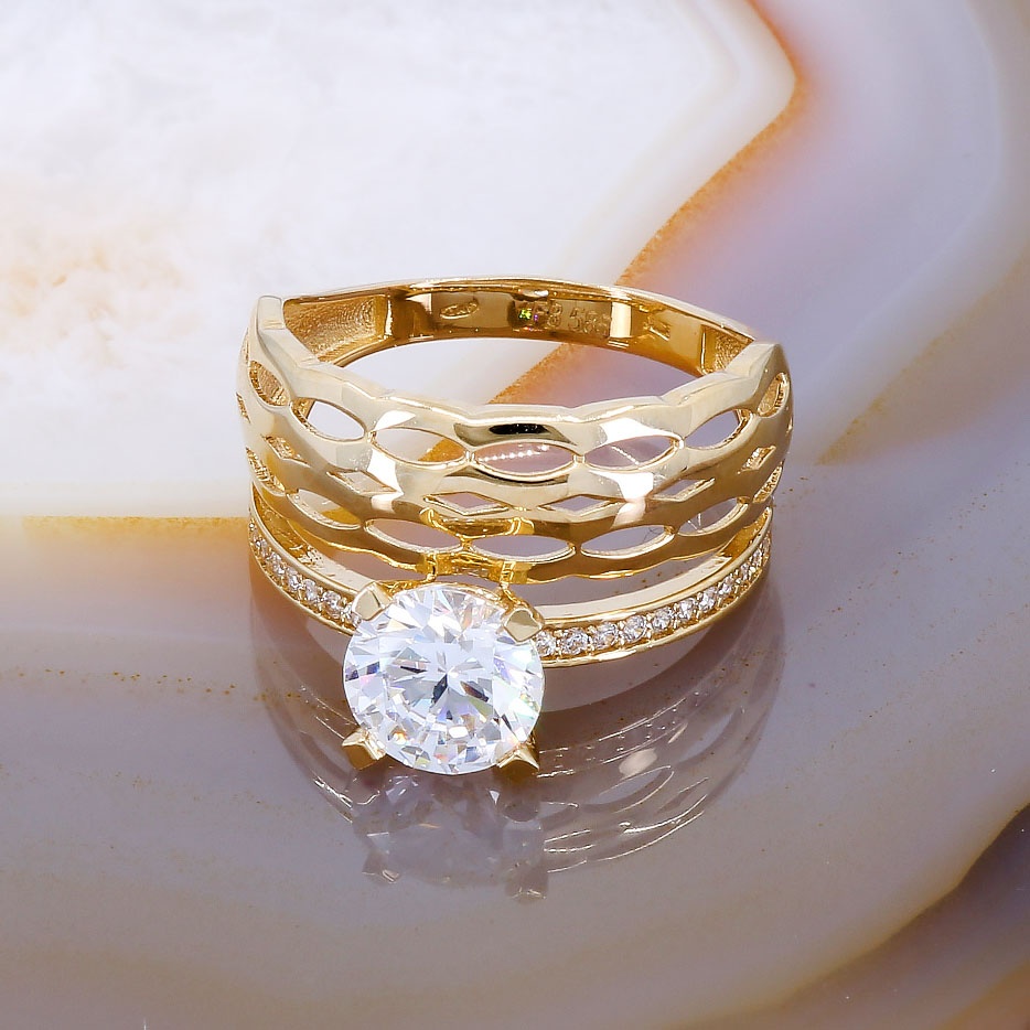 Inel Fantezie din Aur Galben 14K 585 model Dublu cu Cristale Zirconia c679