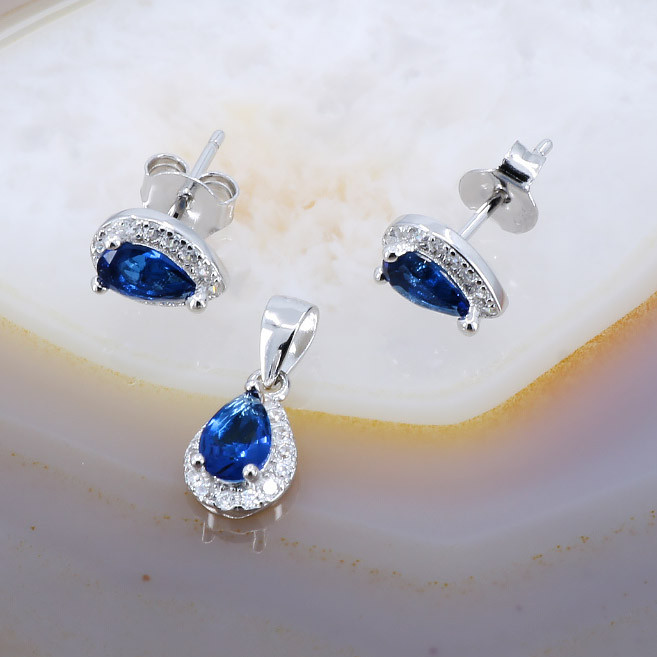 Set din Argint 925 model Lacrima cu Cristale Zirconia Albastre si Transparente 1394