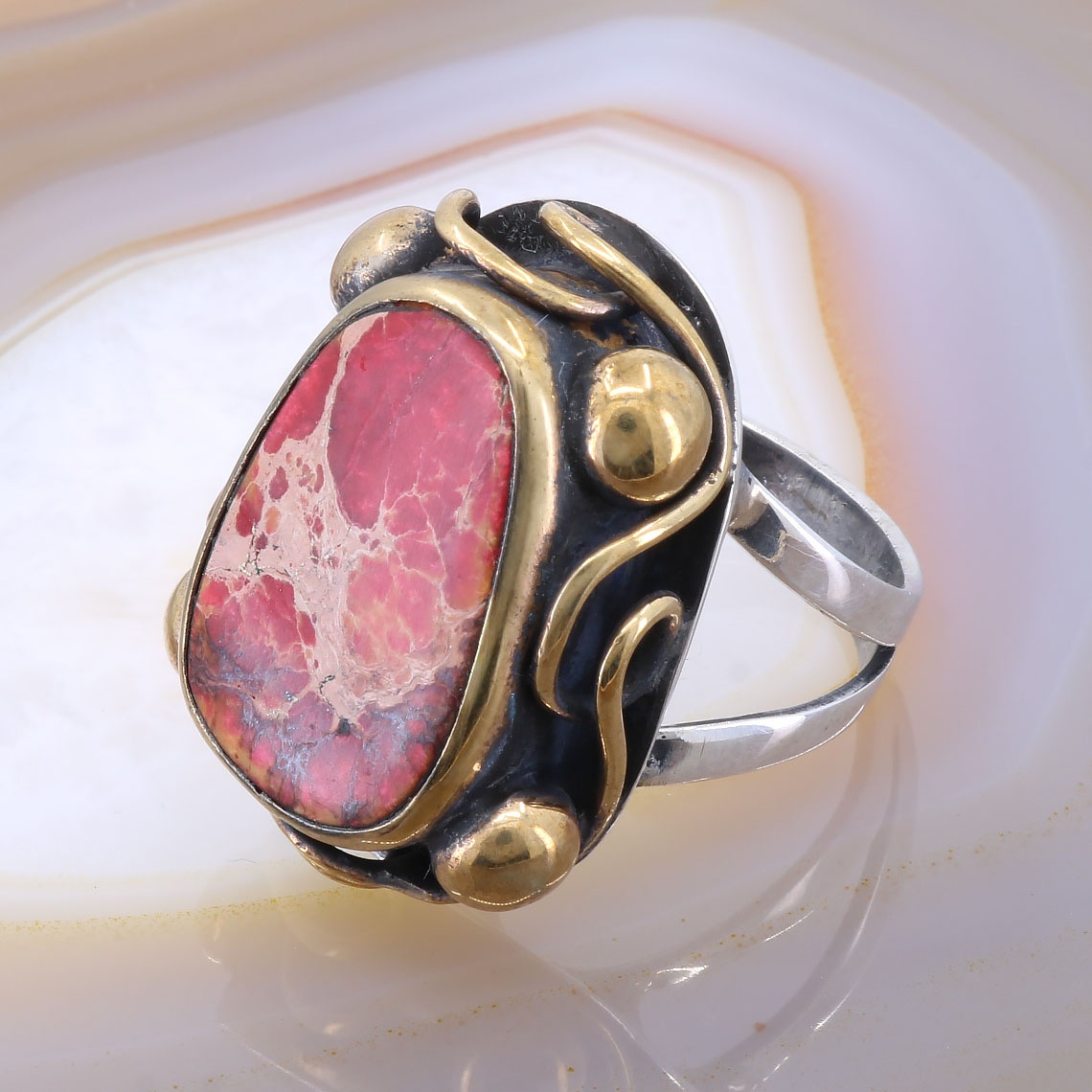 Bijuterie Inel Vintage din Argint Placat cu Aur Galben cu piatra Jasper ...
