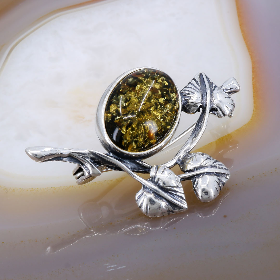 Brosa din Argint 925 model Crenguta cu Frunza si Piatra Chihlimbar ...