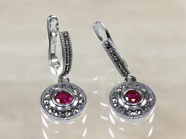 Cercei de Argint cu piatra Roz si Marcasite Naturale c1755